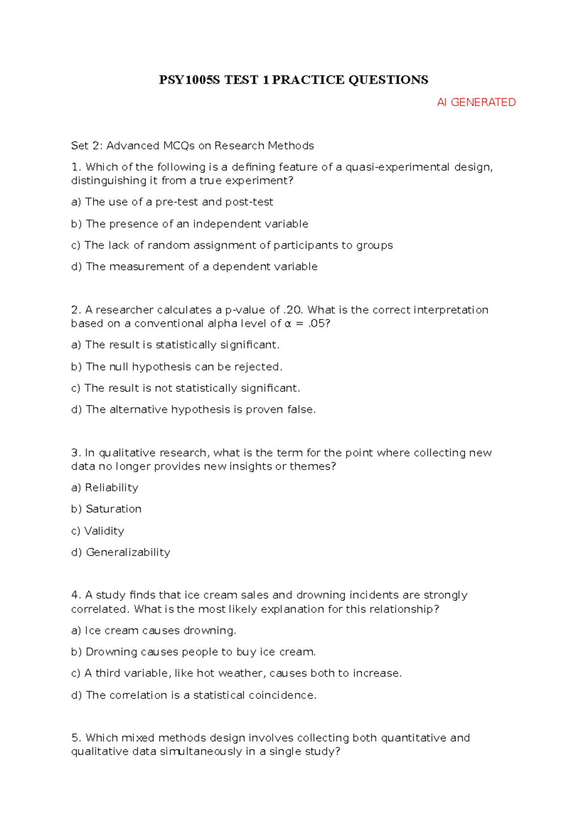 PSY1005S Test 1 Practice Questions: Advanced MCQs on Research Methods ...