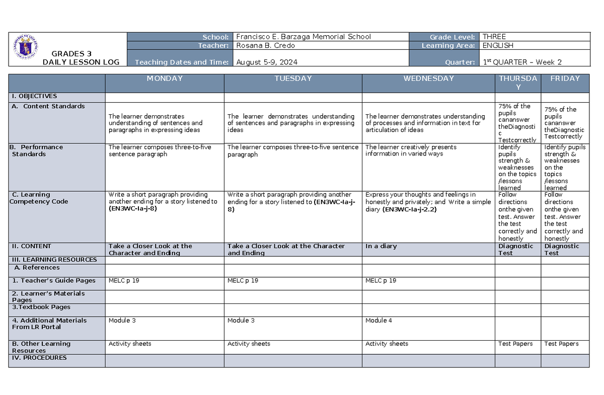 DLL 1st Quarter Week 2: Daily Lesson Log for Grade 3 English - Studocu