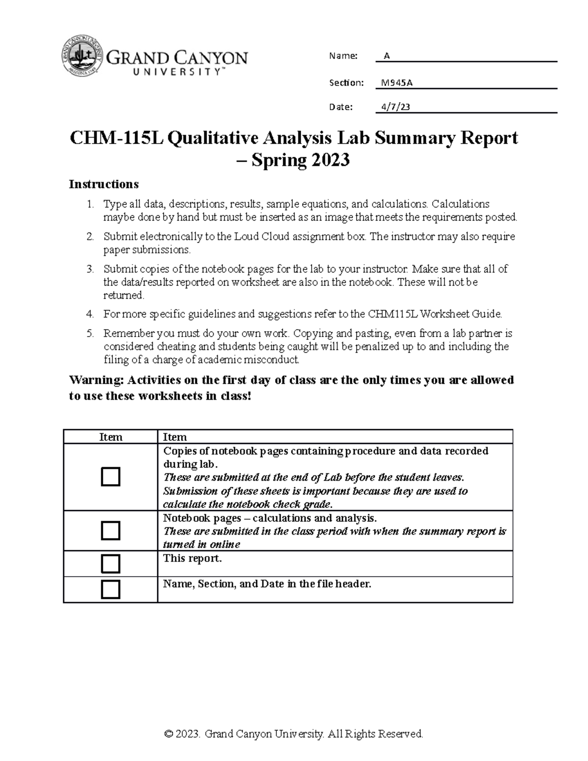 CHM-115L-RS-Exp 9-Qualitative Analysis summary report - Section: M945A ...