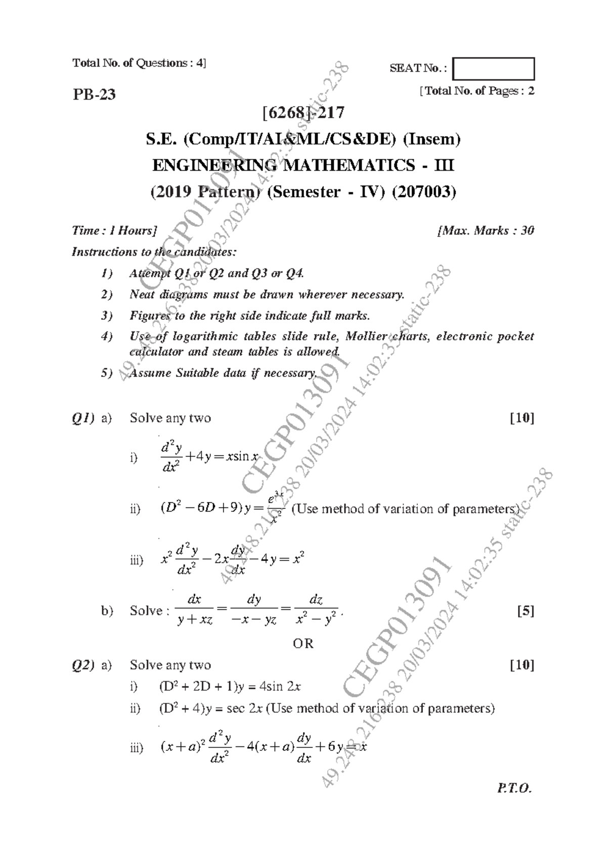 Engineering Mathematics III M3 Question Paper (2019 Pattern) - Studocu