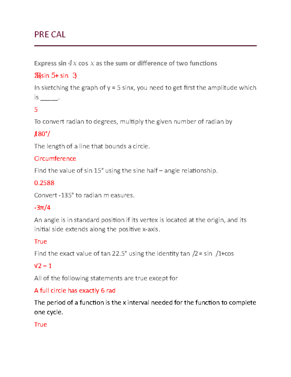 Pre cal Exam - Pre cal exam G11 - PRE CAL Express sin 4𝐀 cos 𝐀as the ...