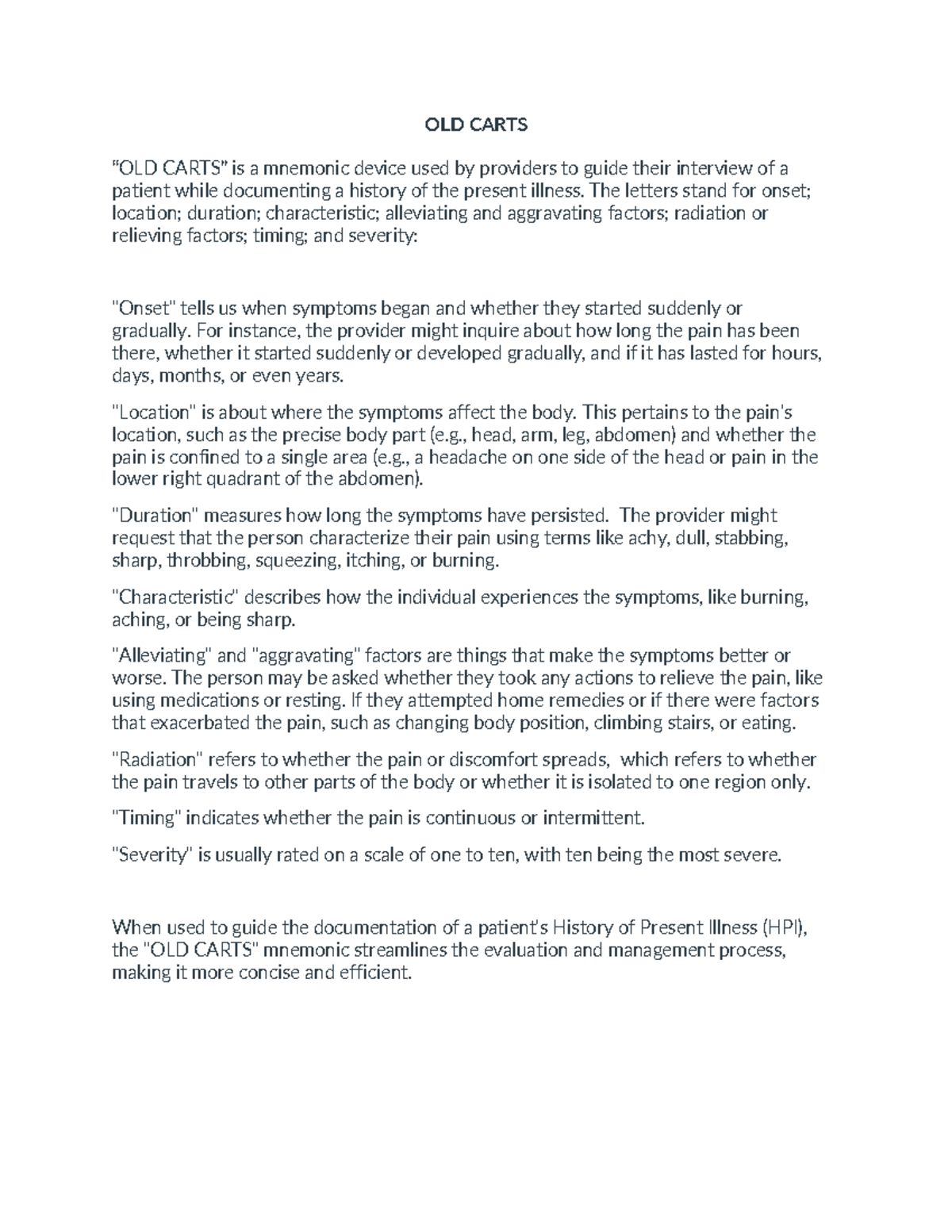 OLD Carts - Providers assessment pnemonic - OLD CARTS “OLD CARTS” is a ...