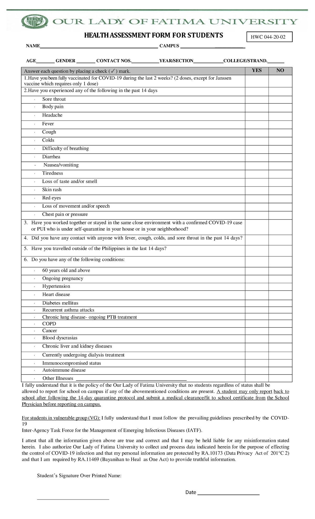 Health Assessment Form - HEALTH ASSESSMENT FORM FOR STUDENTS HWC 044 ...