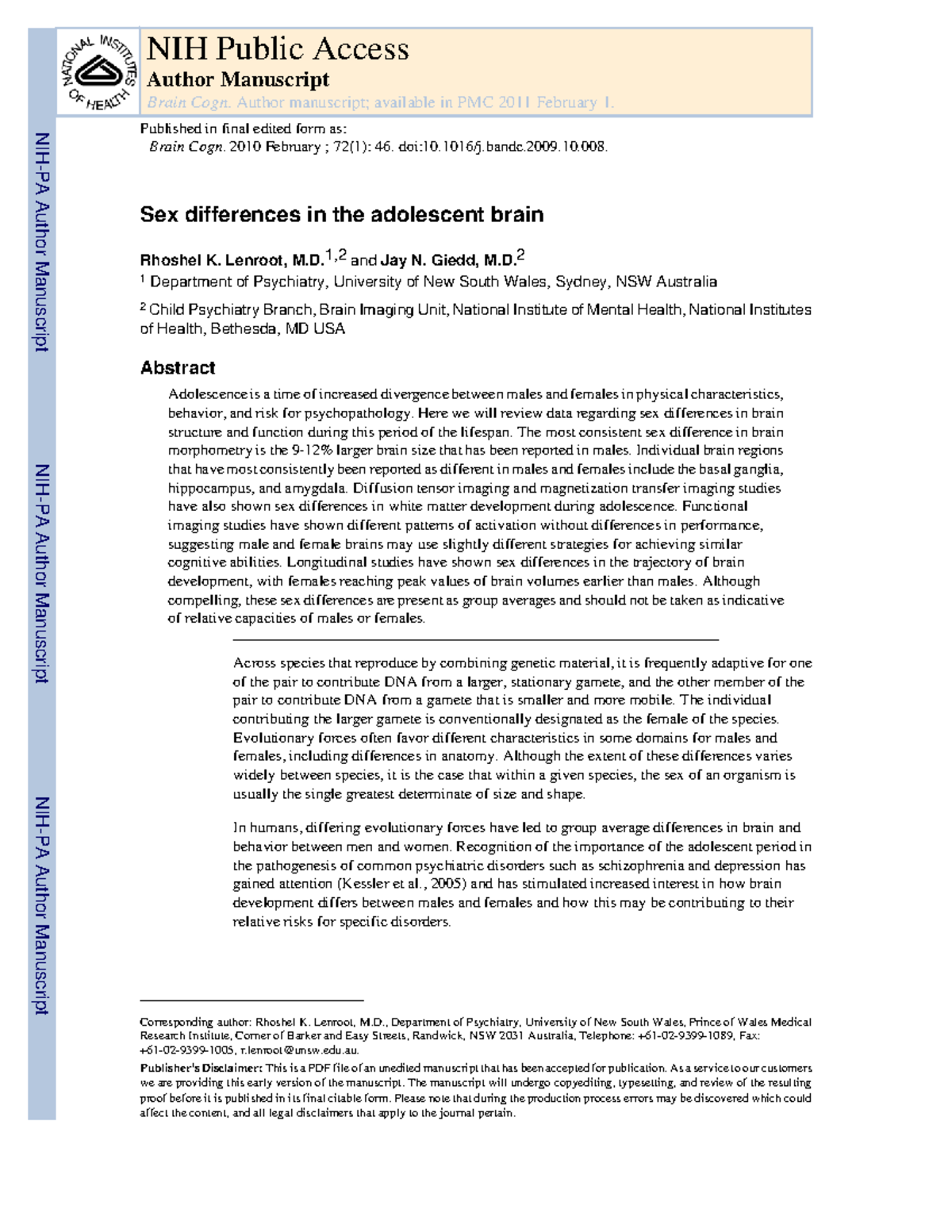 Sex Differences in Adolescent Brain Development: Insights from Lenroot ...