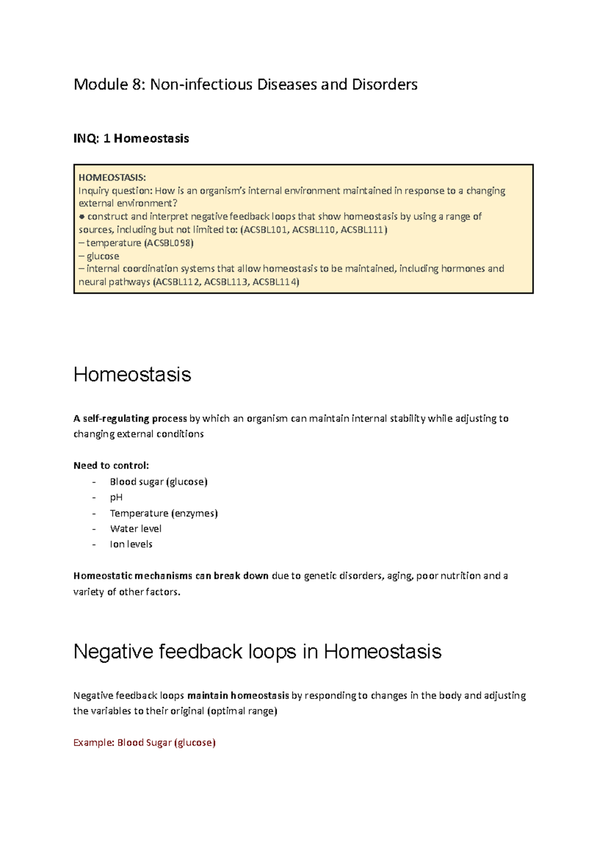 Module 8: Non-infectious Diseases & Homeostasis (ACSBL101, ACSBL110 ...