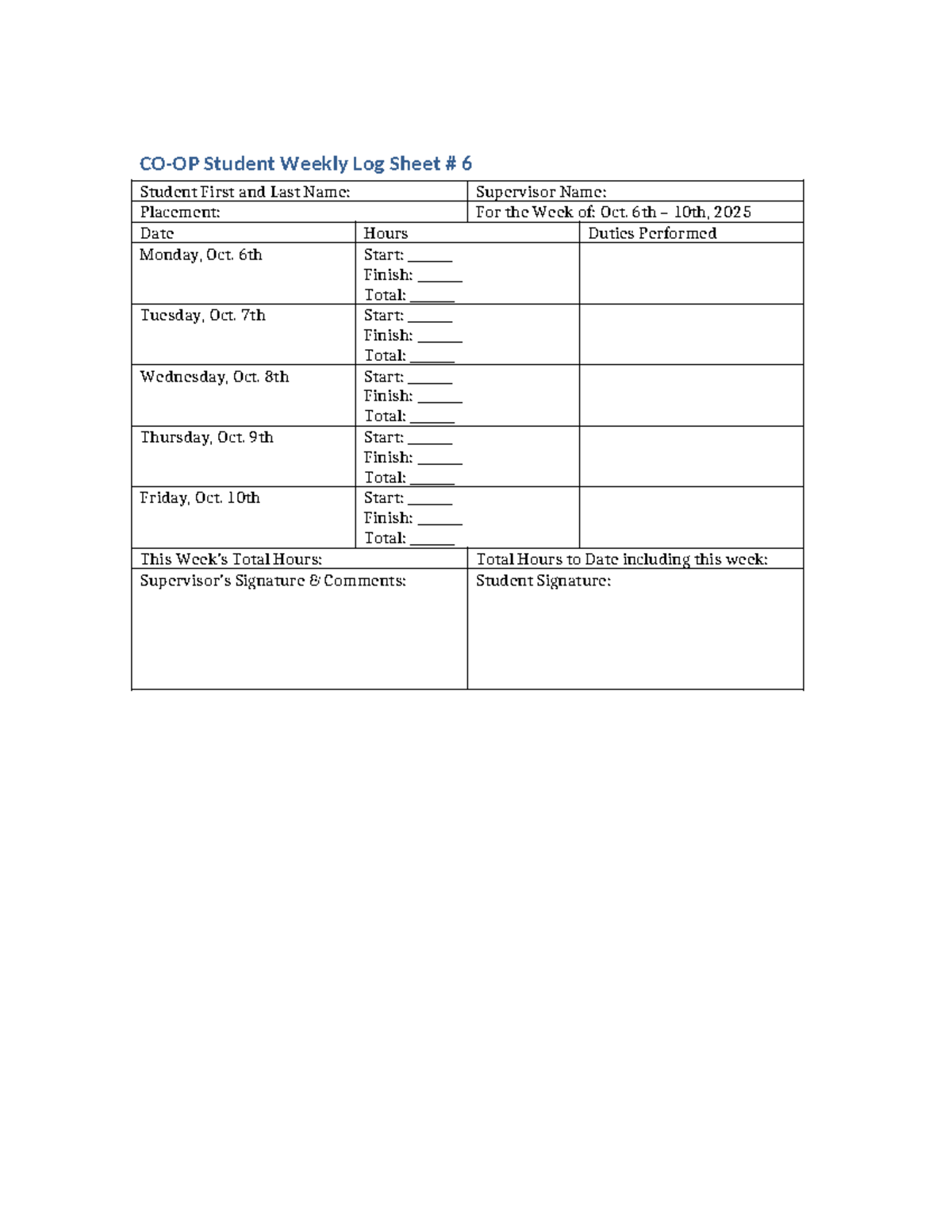 Coop log sheet 6 - adada - CO-OP Student Weekly Log Sheet # 6 Student ...