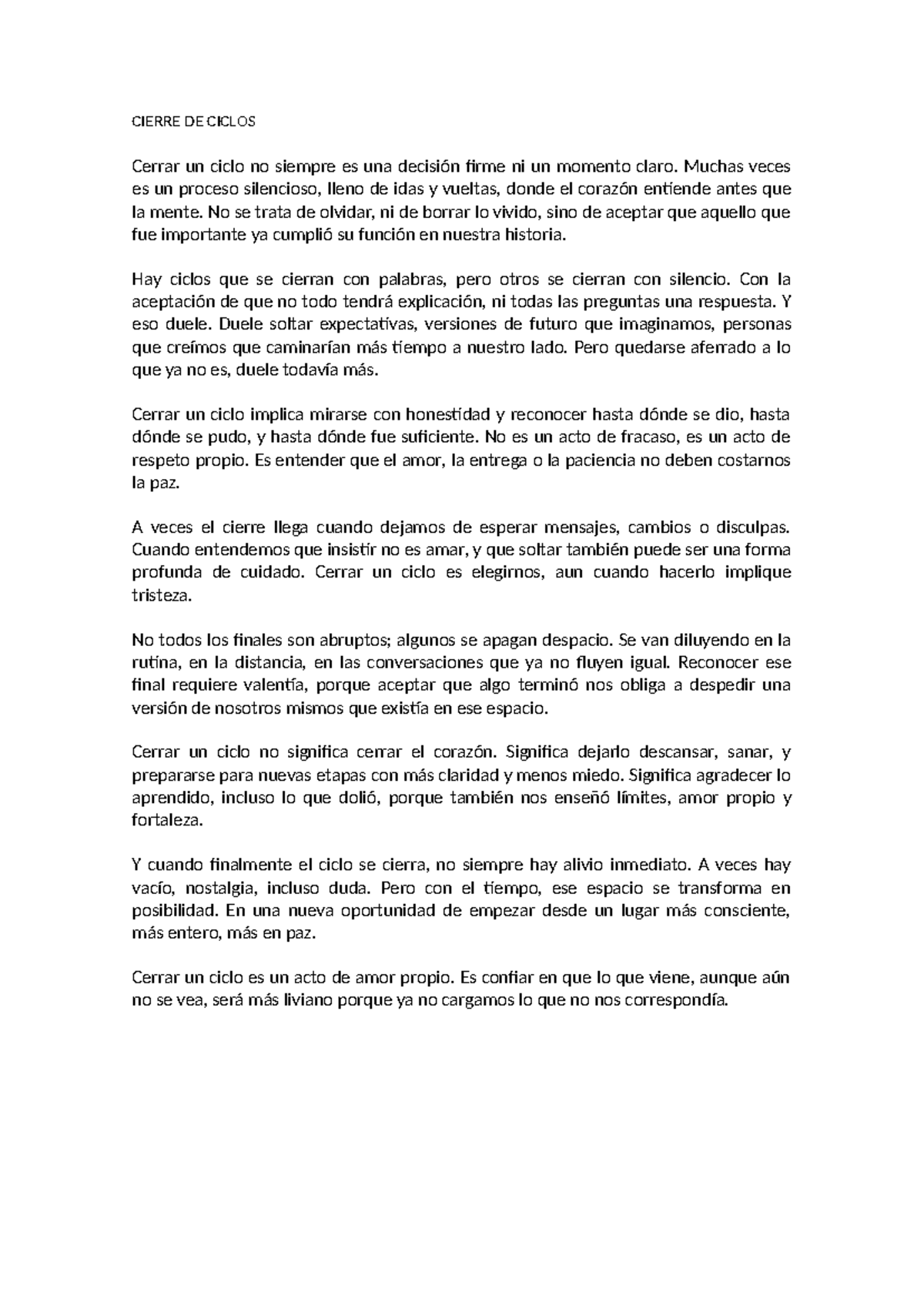 Textos de Reflexión: Cierre de Ciclos y Amor Propio - Studocu