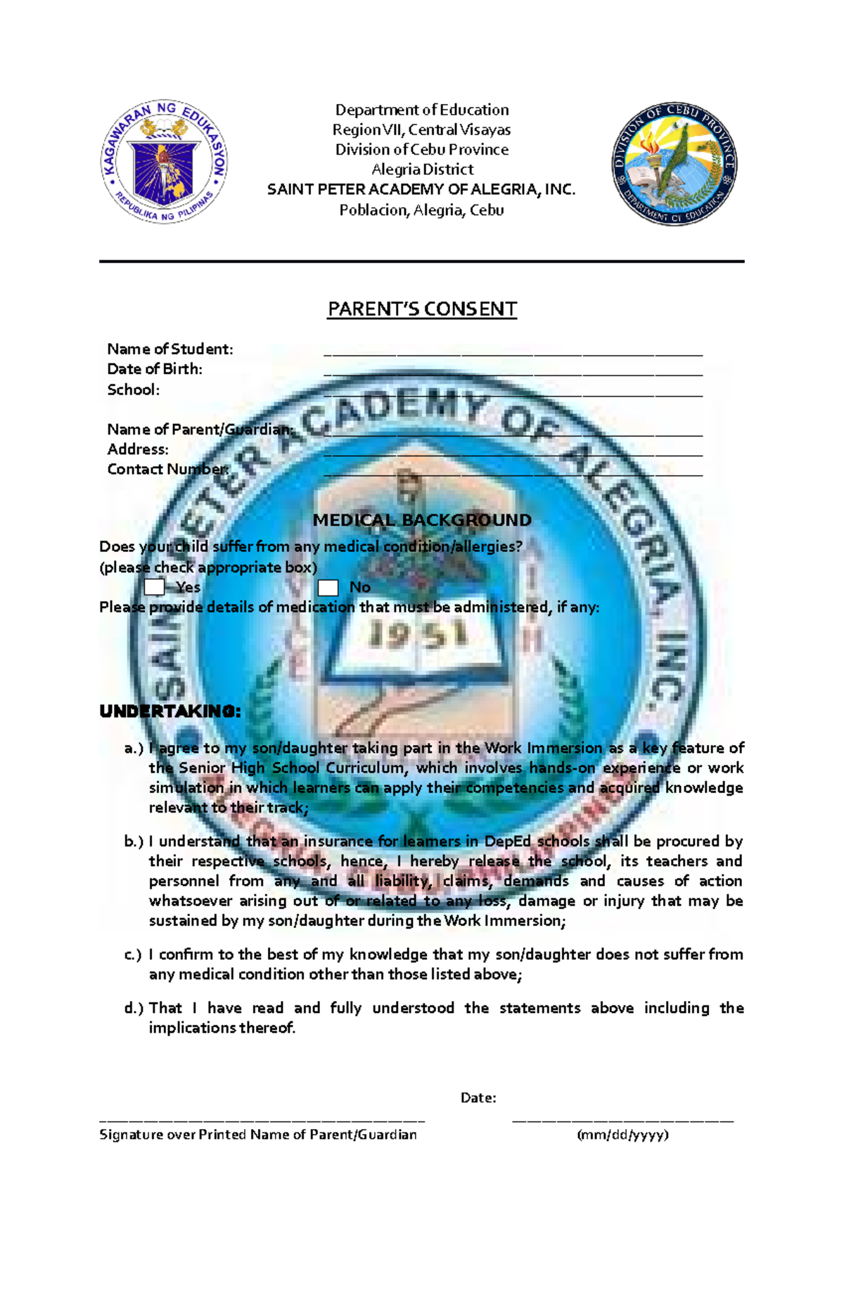Parent's Consent Form for Work Immersion Program at SPAI - Studocu
