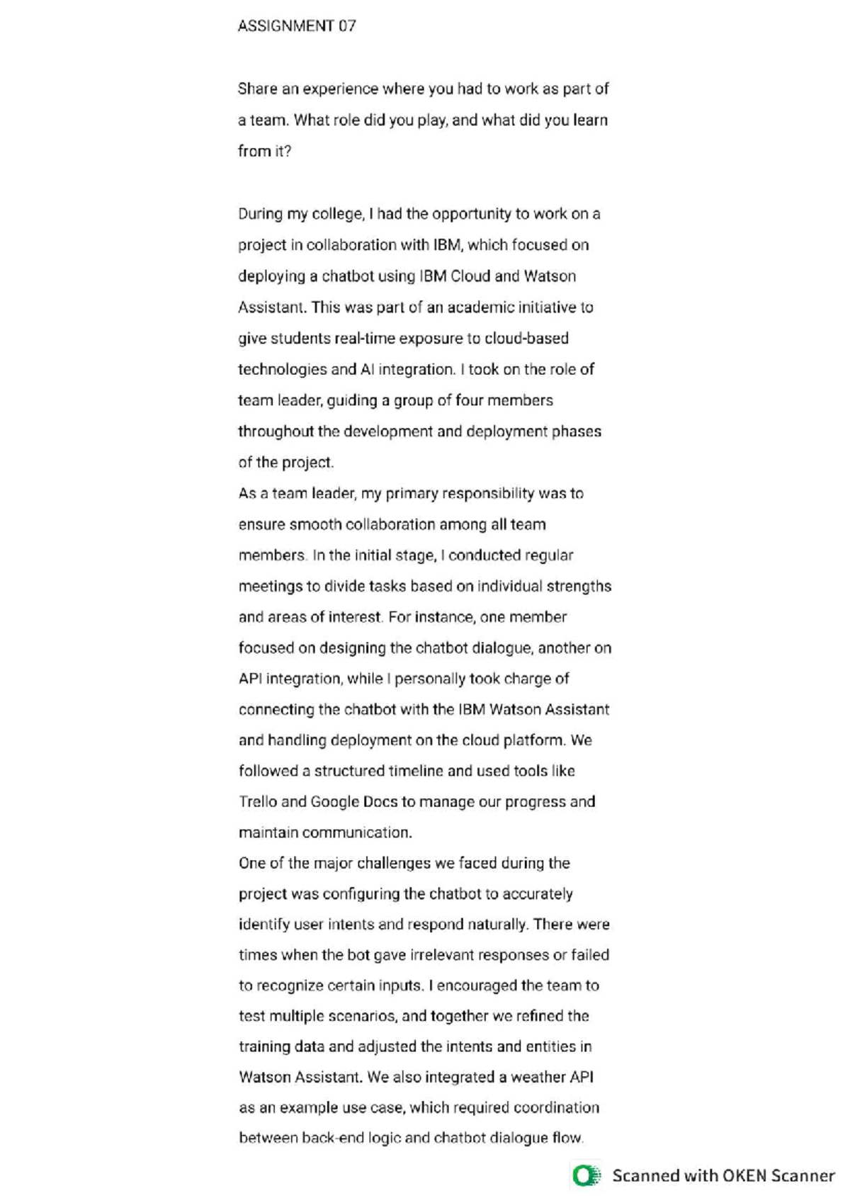 Assignment 07: Team Experience in IBM Chatbot Project - Studocu