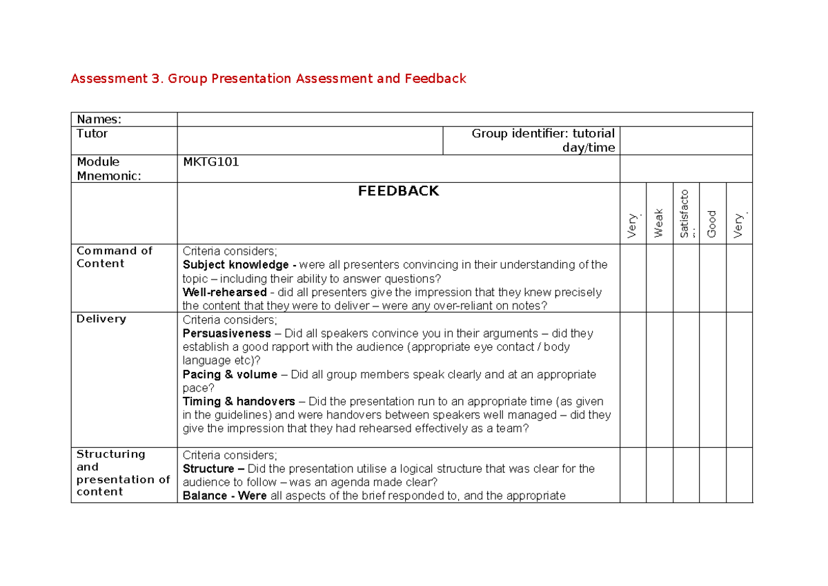 Group Presentation Assessment and Feedback - Assessment 3. Group ...