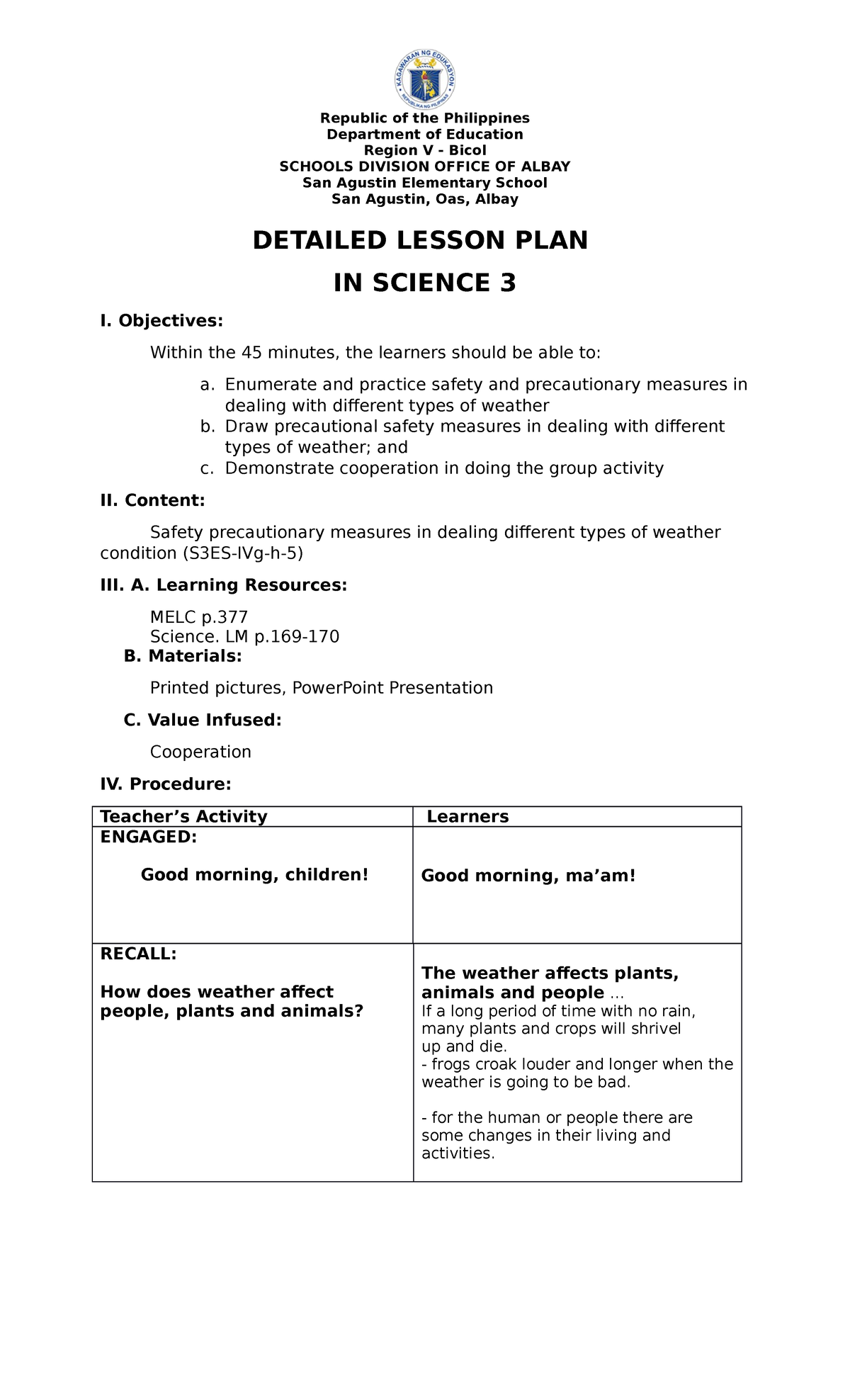 Detailed Lesson Plan in Science 3: Weather Safety Measures - Studocu