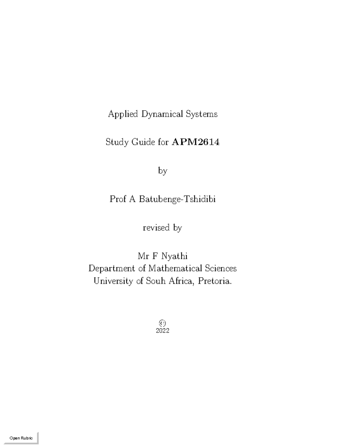 Applied Dynamical Systems Study Guide APM2614 - Notes - Studocu