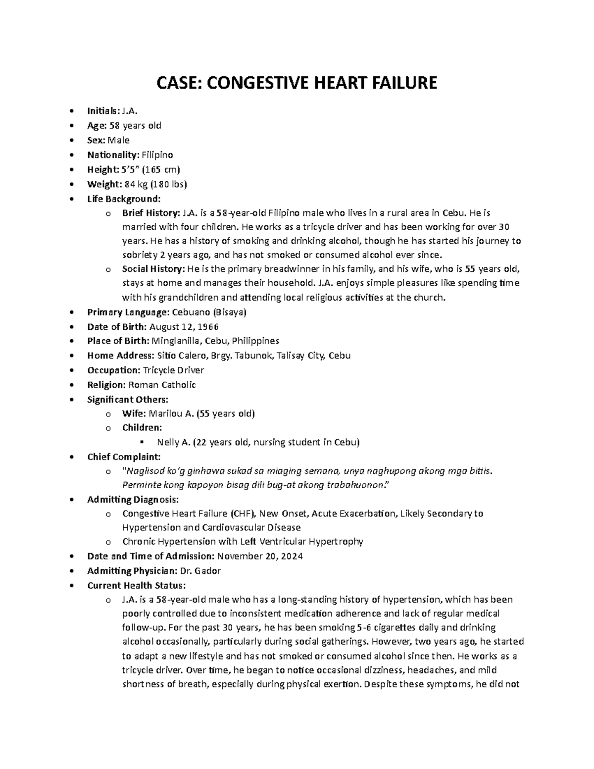 Heart Failure Case Study: J.A. - A 58-Year-Old Filipino Male - Studocu