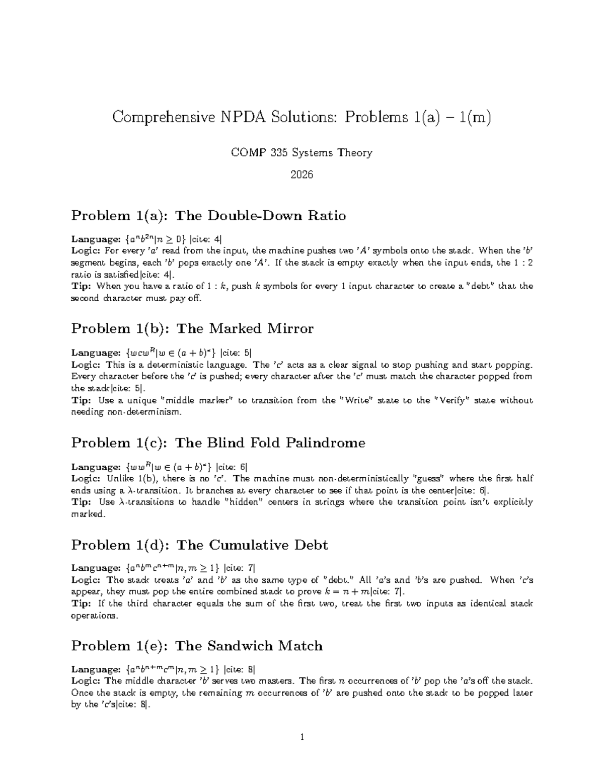Comprehensive NPDA Solutions: Problems 1(a) to 1(k) COMP 335 Systems ...