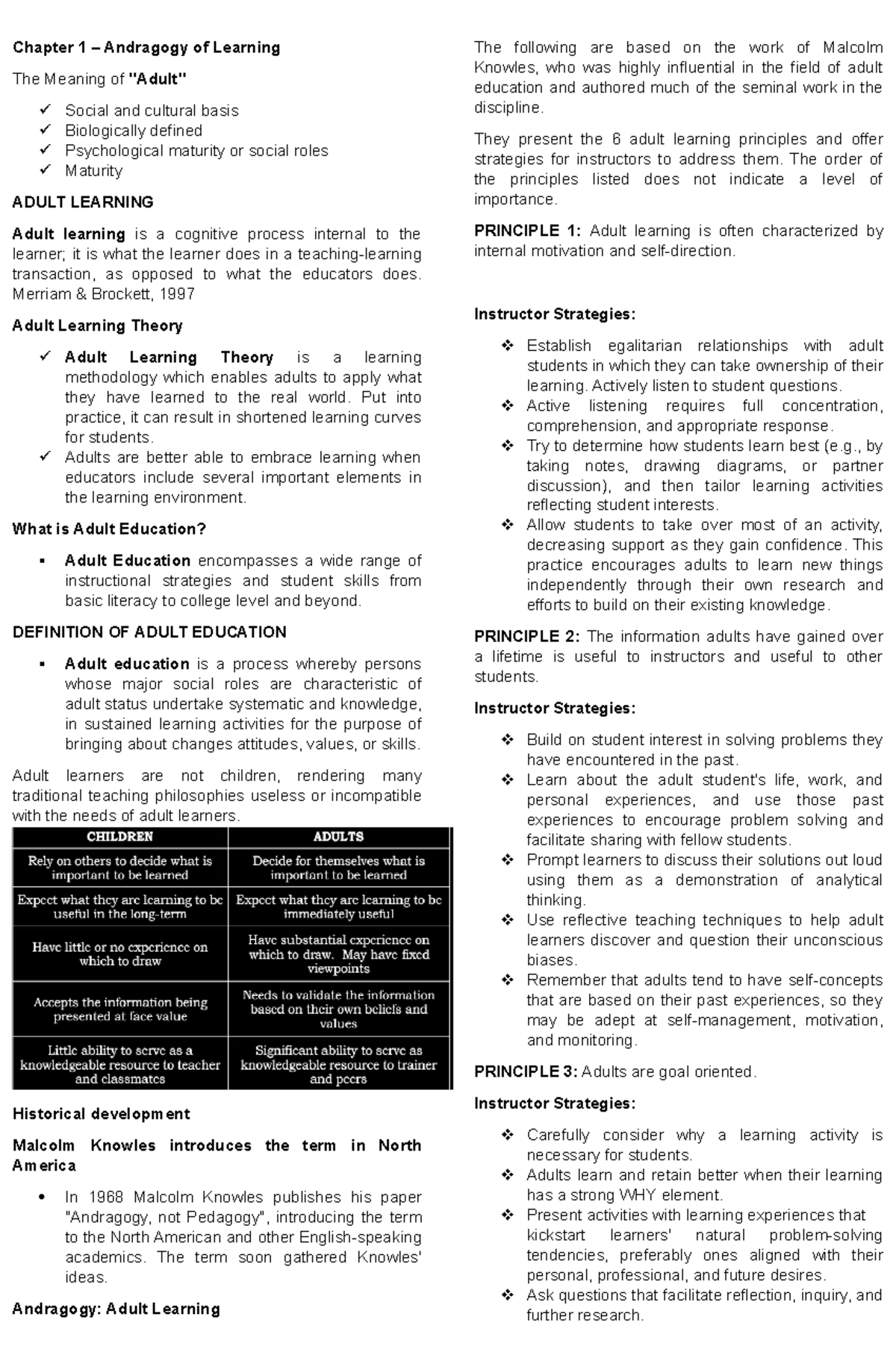 Chapter 1: Understanding Andragogy in Adult Learning Theory - Studocu