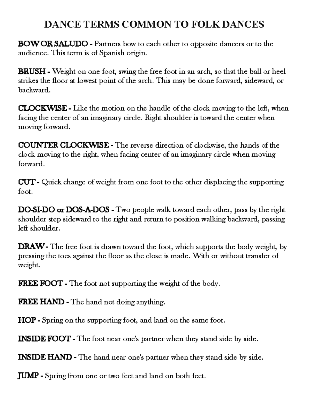 DANCE TERMS FOR FOLK DANCES: BOW, BRUSH, CLOCKWISE & MORE - Studocu