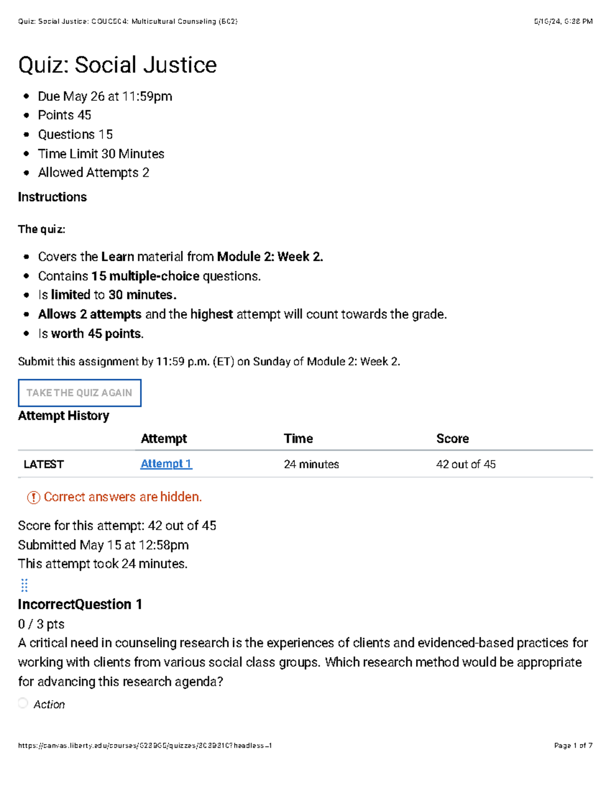 Quiz: Social Justice Insights in COUC504 Multicultural Counseling (B02 ...