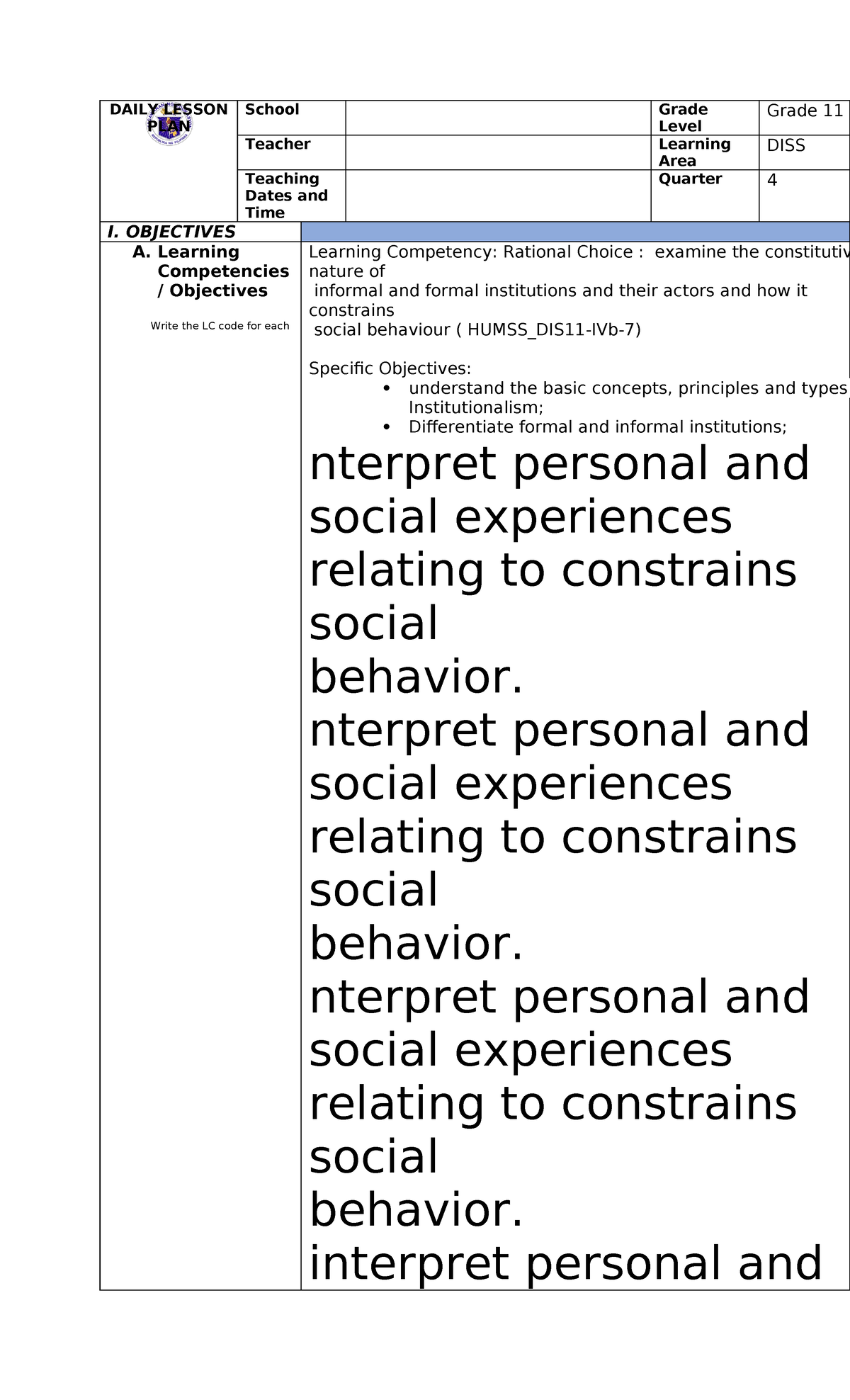 Institutionalism Lesson Plan for Grade 11 DISS 4: Understanding Social ...