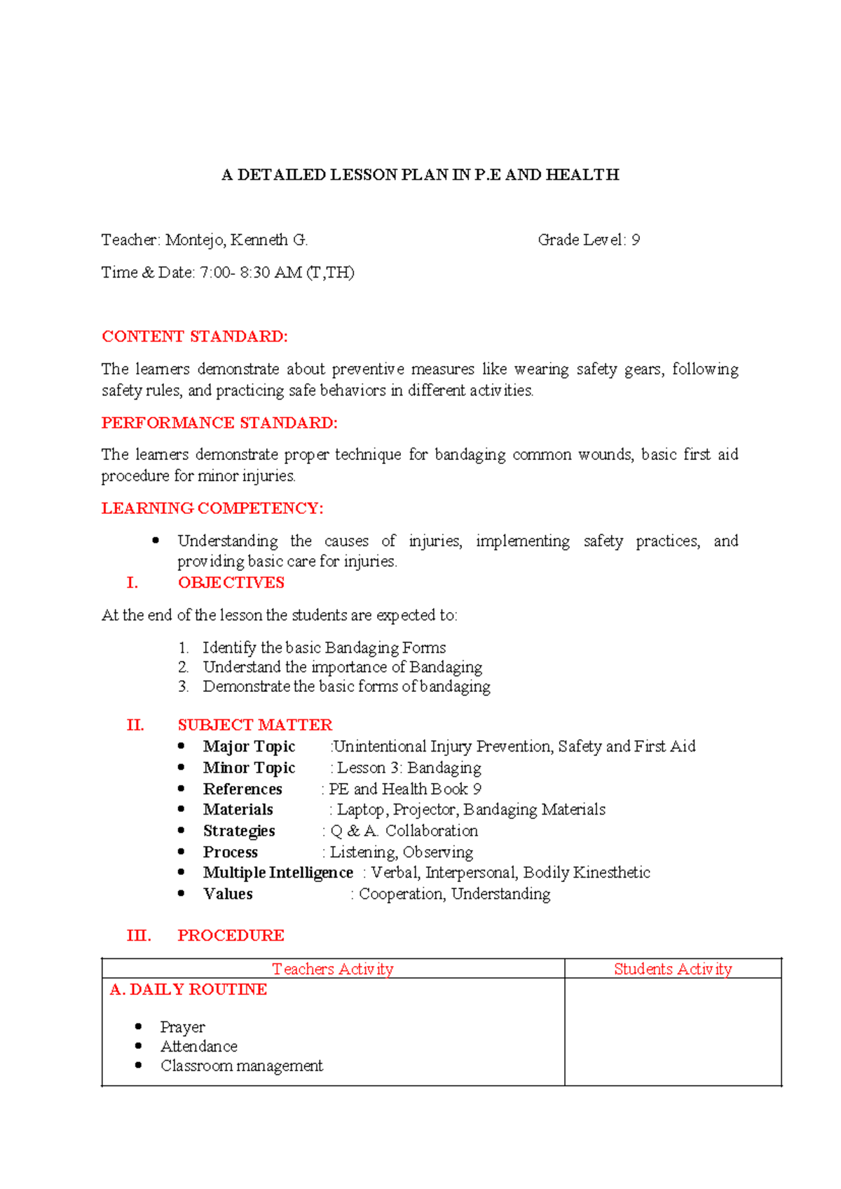 Detailed Lesson Plan: Bandaging Techniques in P.E. & Health (Grade 9 ...