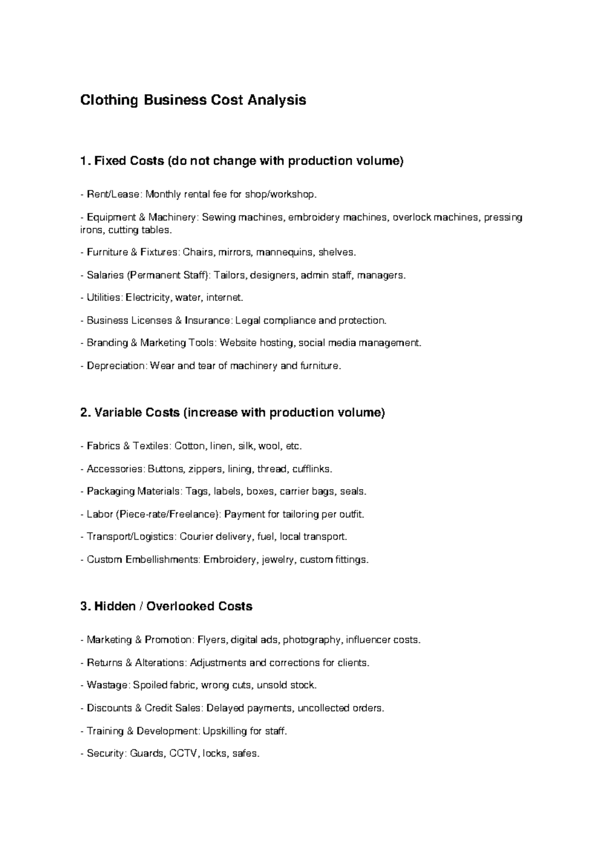Clothing Business Cost Analysis: Fixed & Variable Costs Overview - Studocu