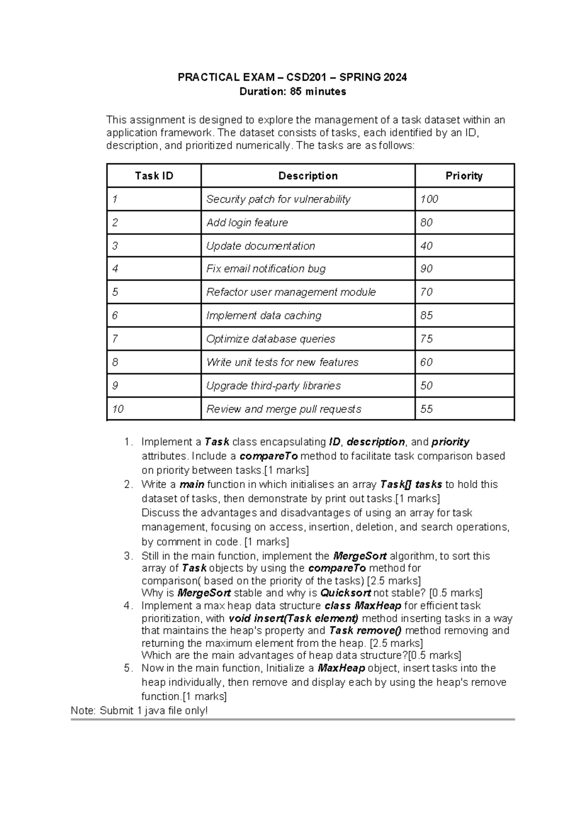 Practical Exam CSD201 SP24: Task Management & Max Heap Implementation ...