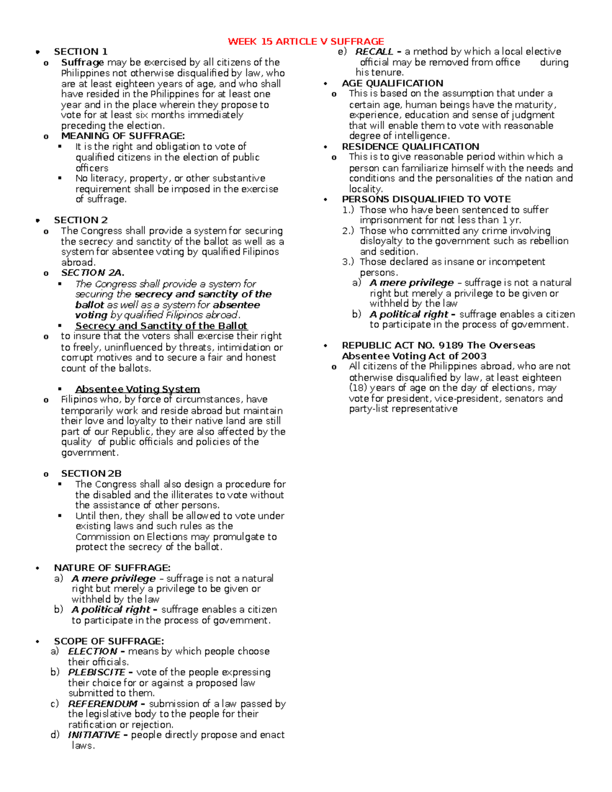 WEEK 15 Article V Suffrage - WEEK 15 ARTICLE V SUFFRAGE SECTION 1 o ...