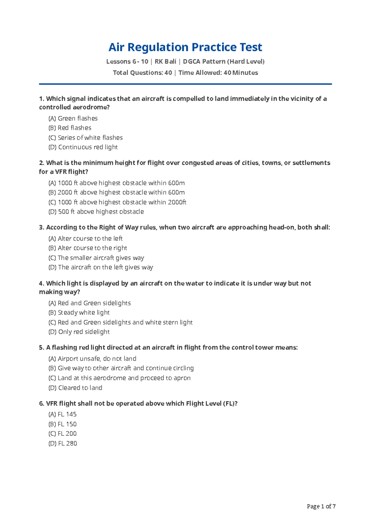 Air Regulation Practice Test L6-10 RK Bali (Hard Level) - Studocu