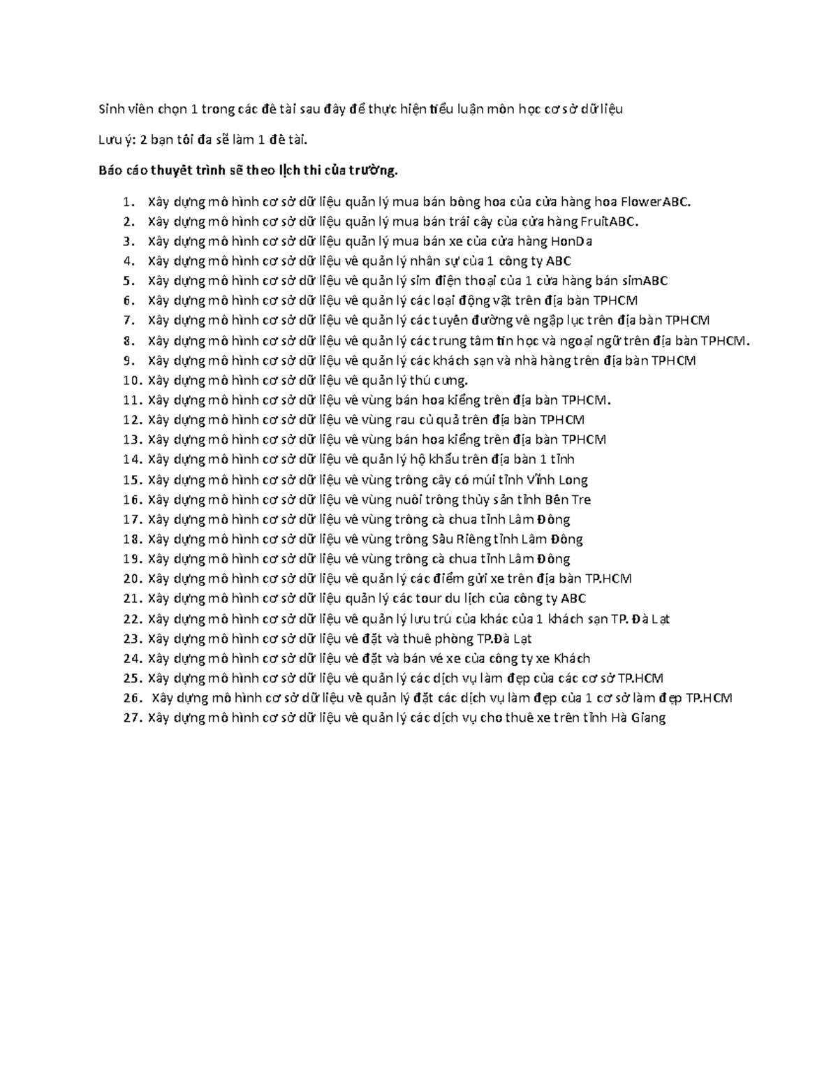 List project student database - Sinh viên ch n 1 trong các đêề tài sau ...