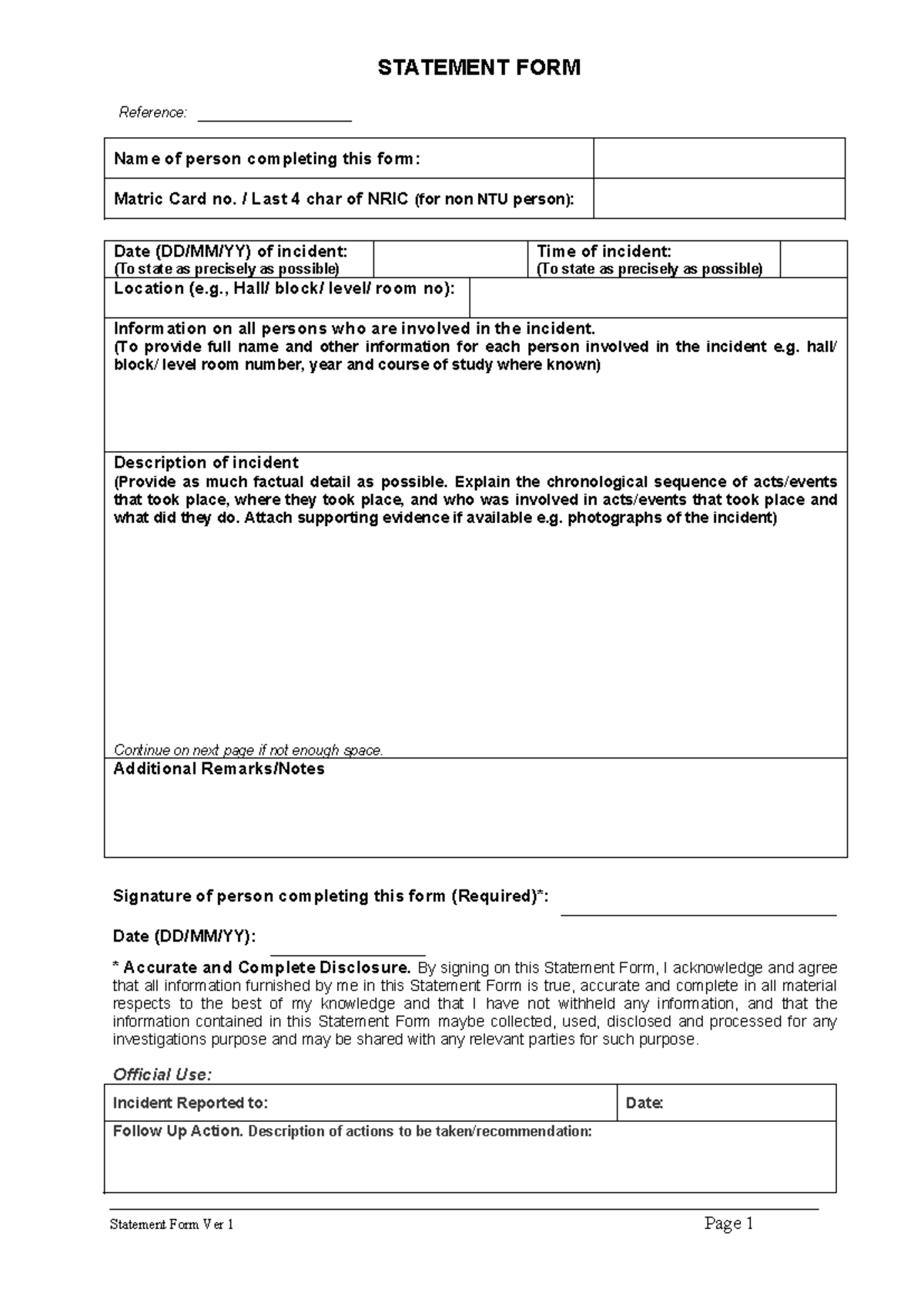 STATEMENT FORM for Incident Reporting - Miscellaneous Notes - Studocu