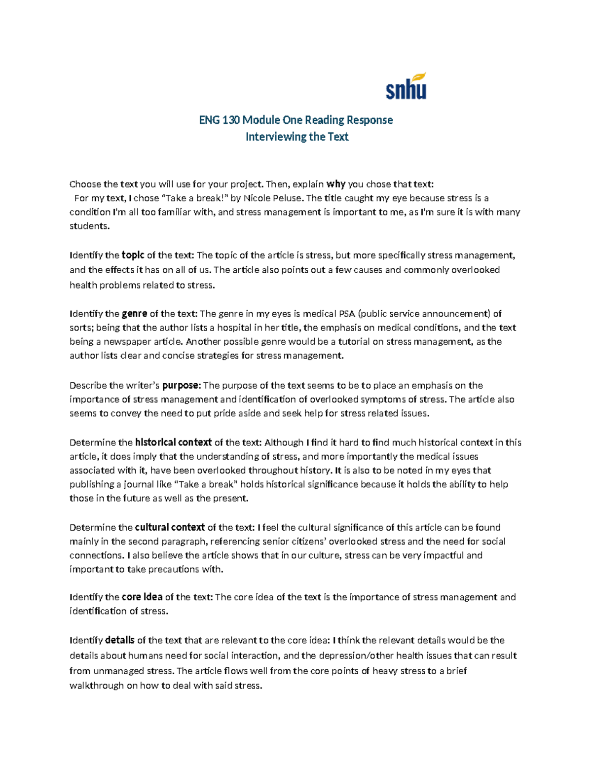 ENG 130 Module 1 Reading Response: Insights on Stress Management - Studocu