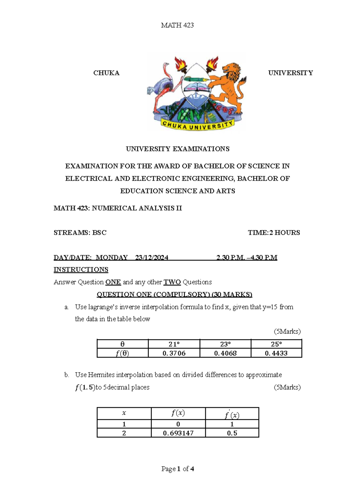 MATH 423 - Numerical Analysis II Exam Questions and Solutions - Studocu