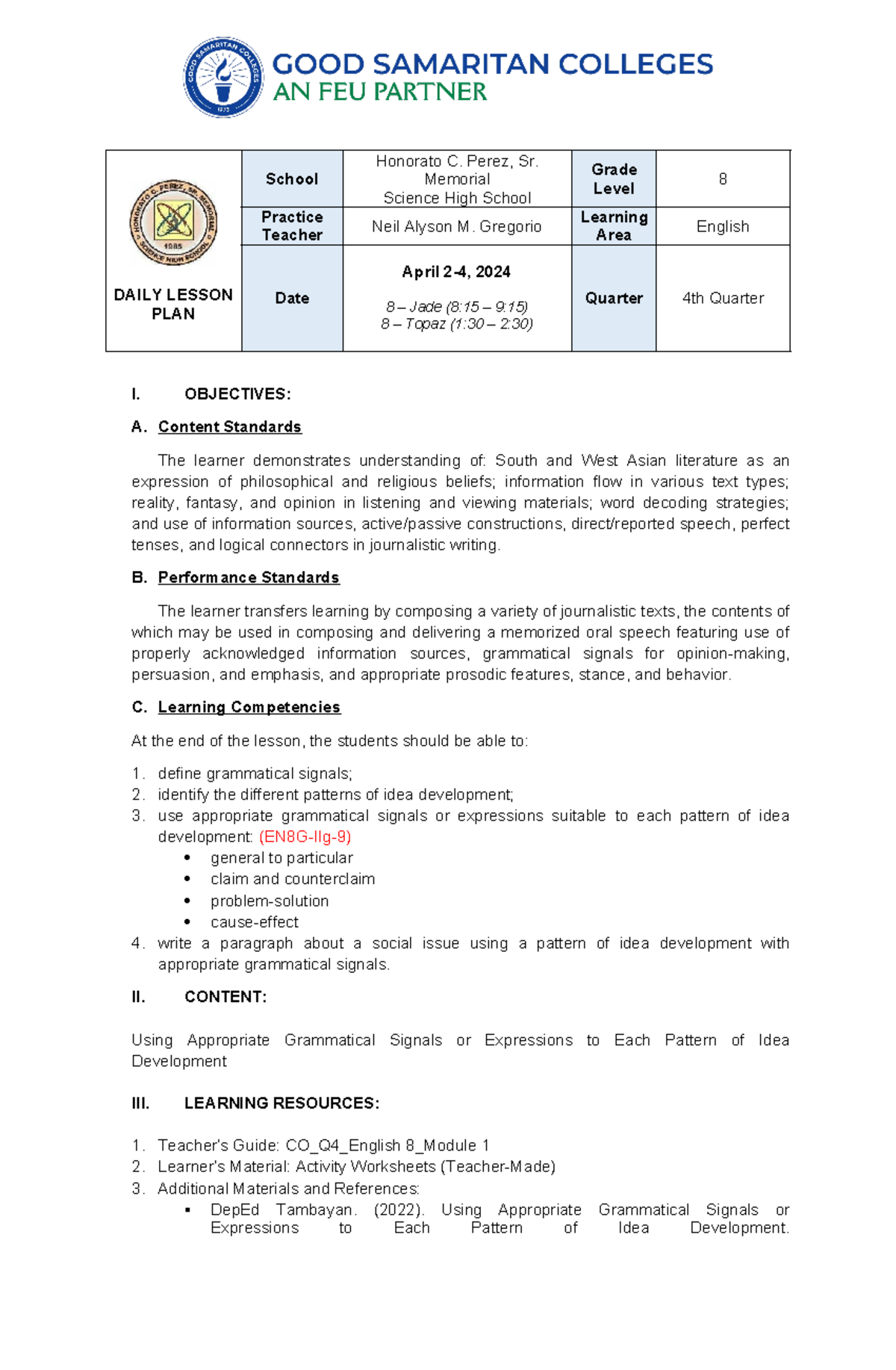 Patterns of Idea Development in English 8 (DLP) - Sir Alyson - Studocu