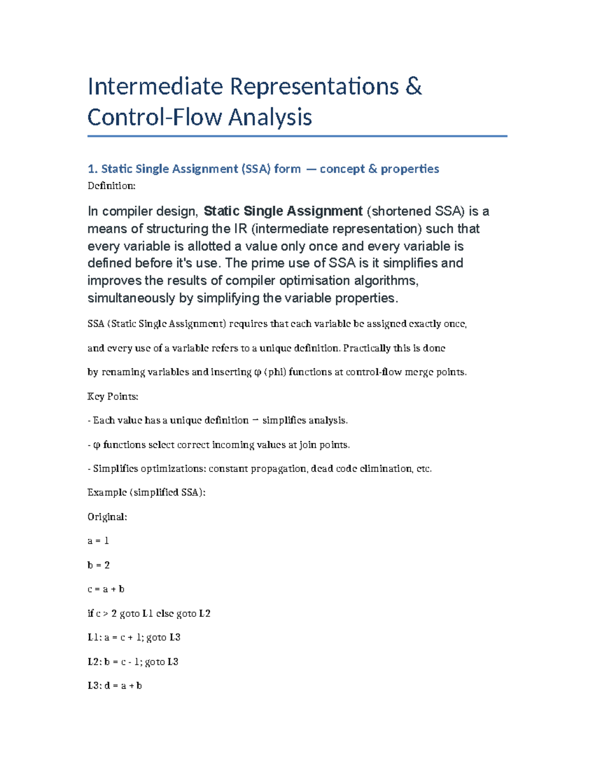 Intermediate Representations: SSA & CFG Analysis (Course Code ...