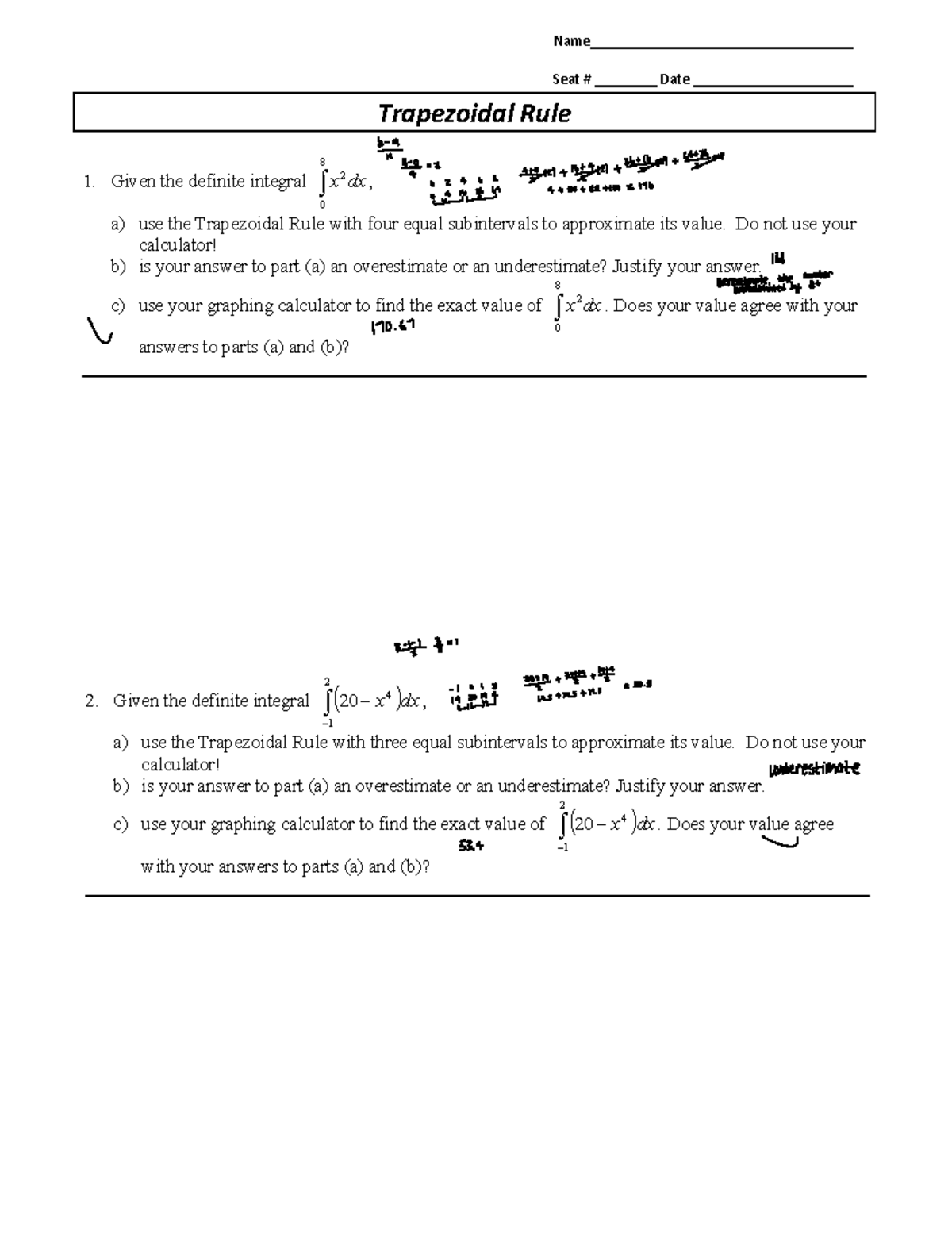 Trapezoidal Rule Worksheet for Approximation Exercises - Studocu