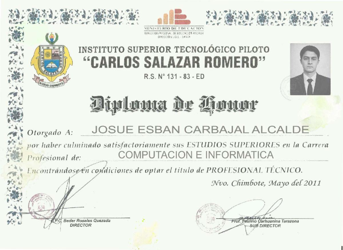 Diploma de Honor - Josue Carbajal - Computación e Informática - Studocu