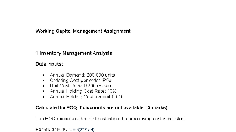 Working Capital Management Assignment 1: EOQ & Inventory Analysis - Studocu