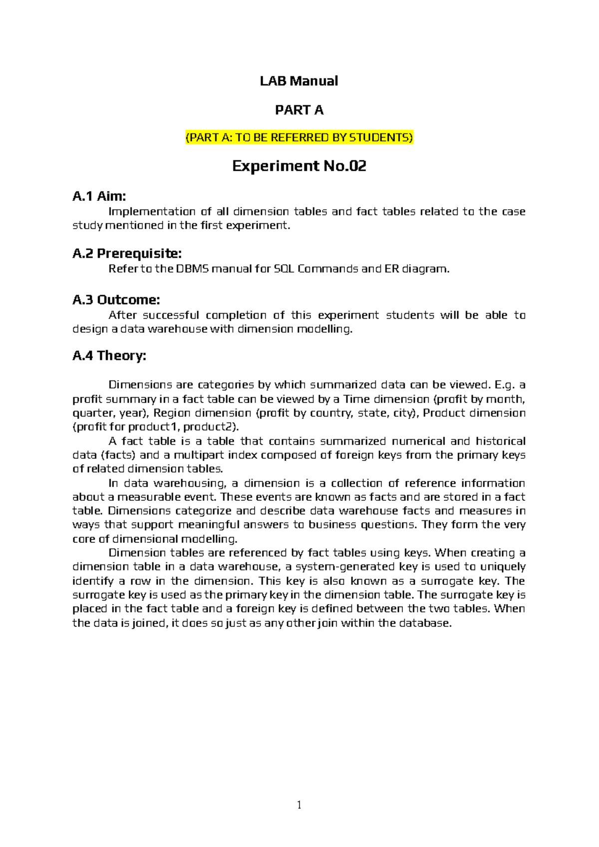 DWM Lab Experiment 2: Implementation of Dimension & Fact Tables - Studocu