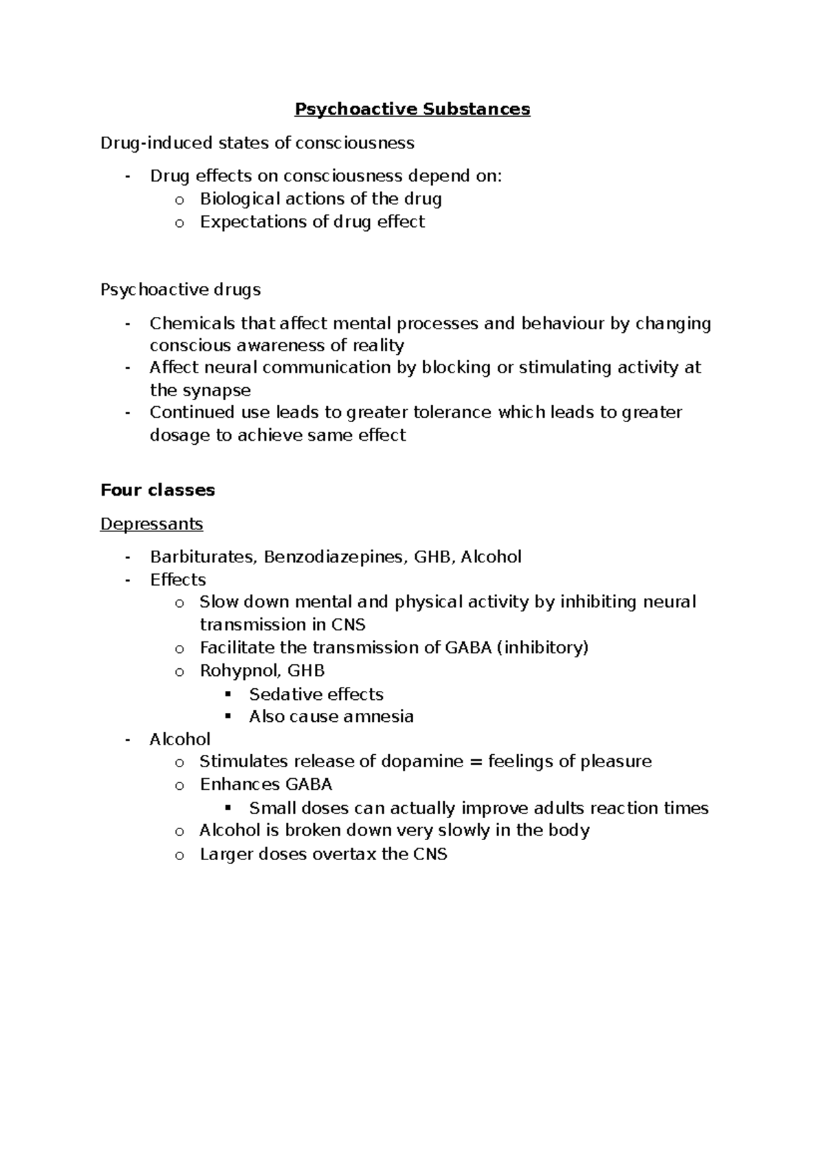 Psychoactive Substances: Effects on Consciousness and Drug Classes ...