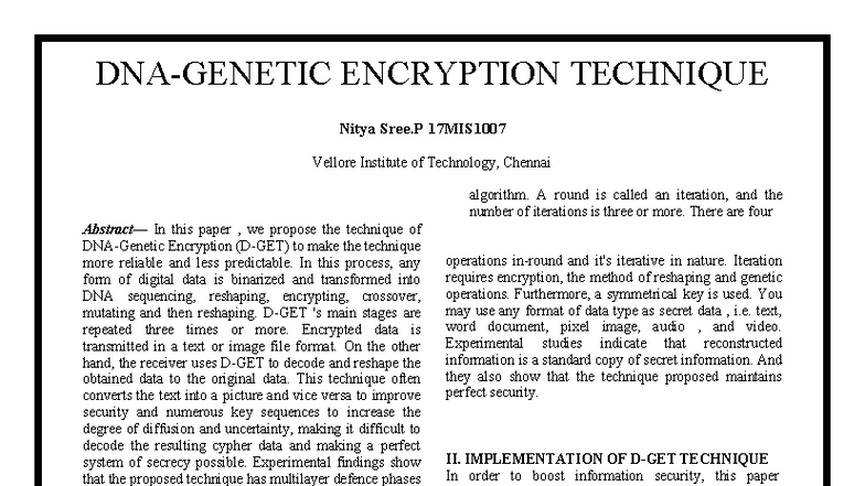 DNA Encryption Technique: A Novel Approach for Data Security (17MIS1007) - Studocu