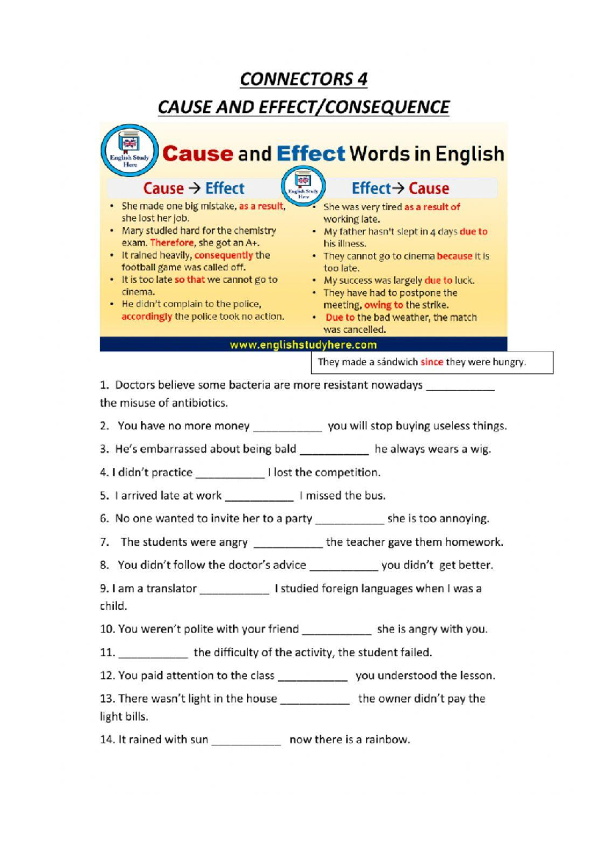 Cause AND Effect Connectors Exercise - CONNECTORS 4 CAUSE AND English ...