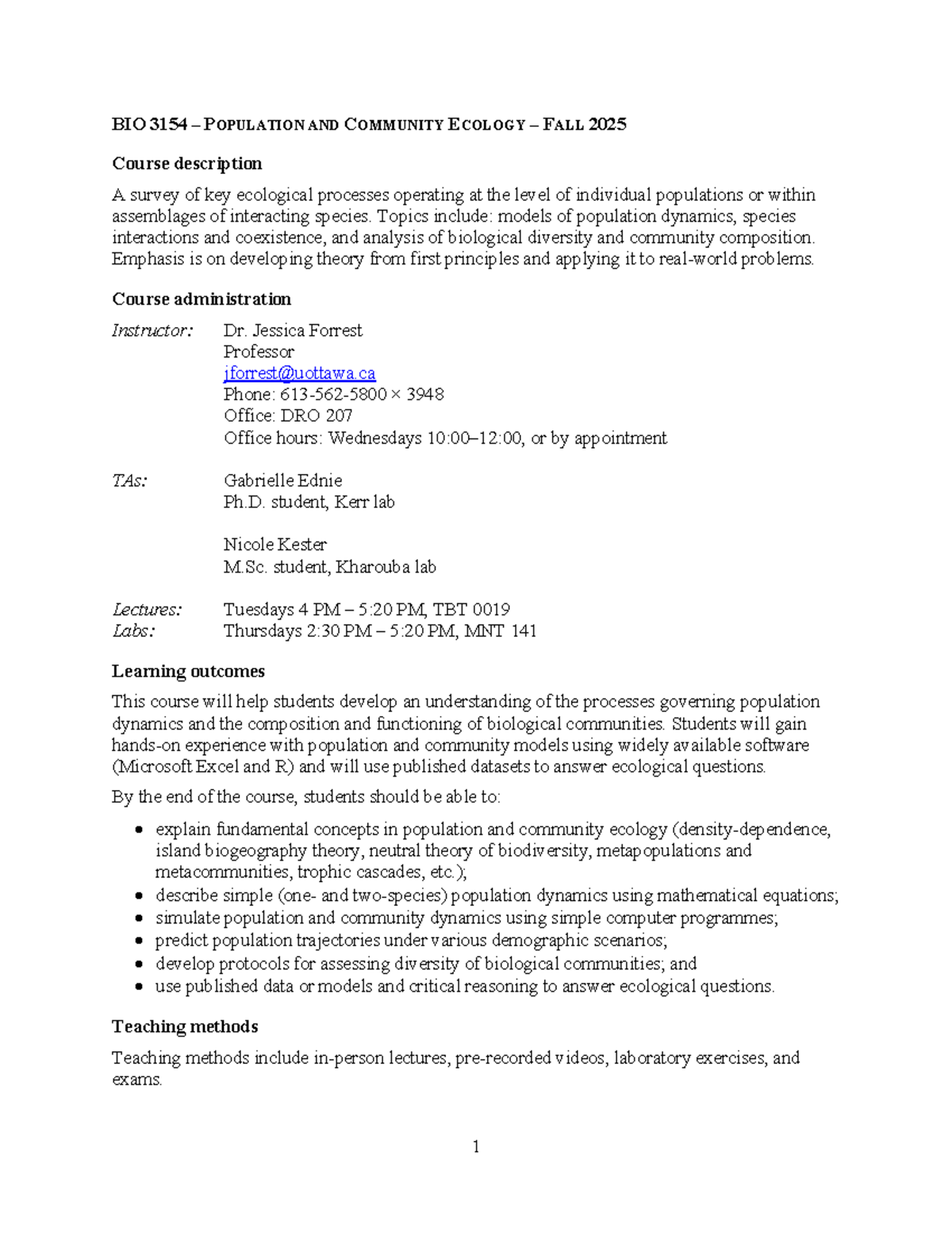 BIO 3154 Population and Community Ecology Syllabus - Fall 2025 - Studocu