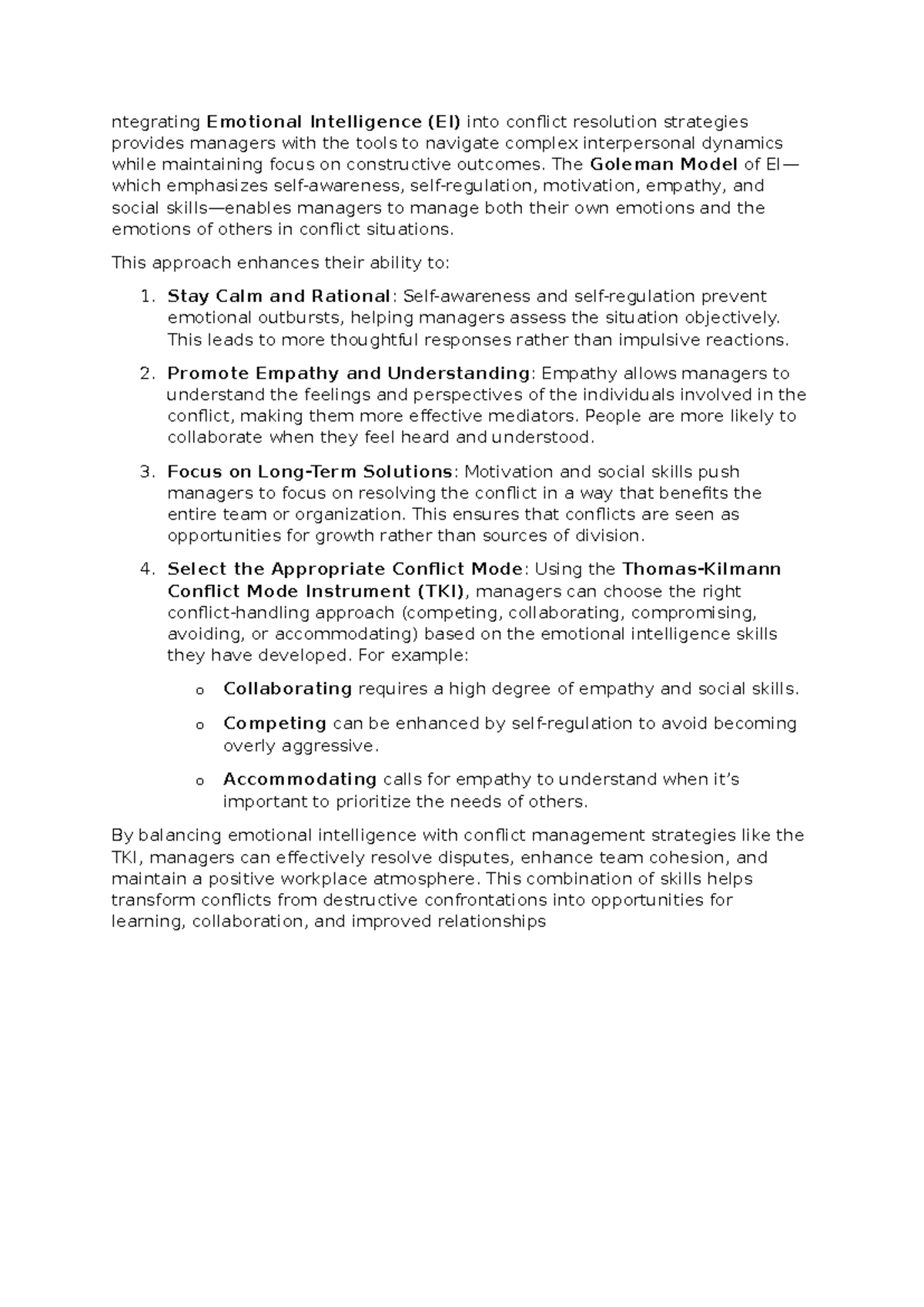 Integrating EI in Conflict Resolution: Tools for Managers - Studocu