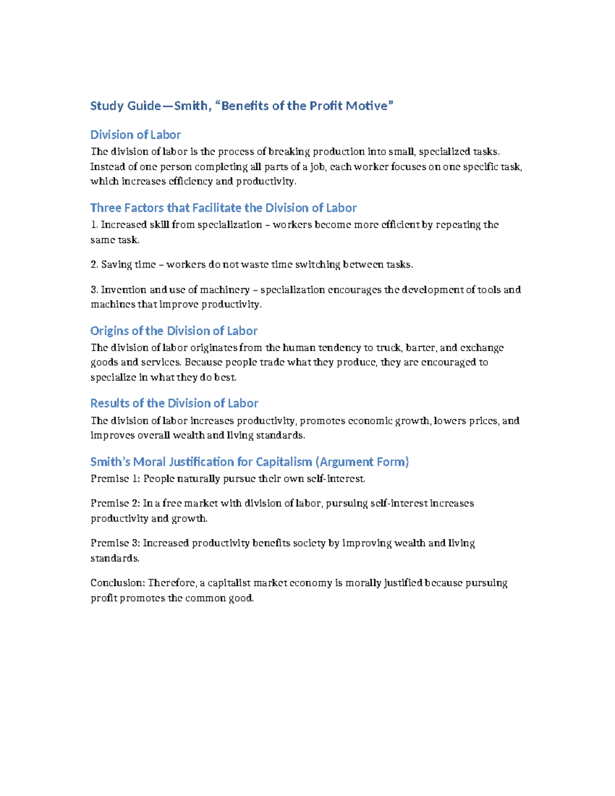 Smith Profit Motive Study Guide: Understanding Labor Division - Studocu