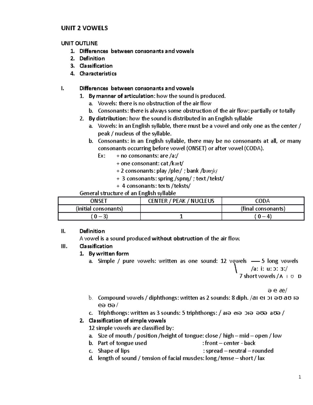 NGỮ ÂM Unit 2b - Vowels Characteristics and Classifications - Studocu