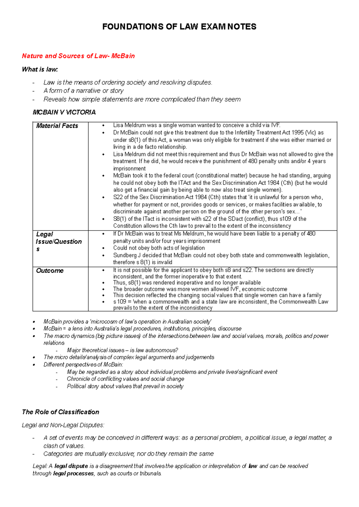 FOUNDATIONS OF LAW 101: EXAM NOTES ON McBAIN CASE AND LEGAL PRINCIPLES ...