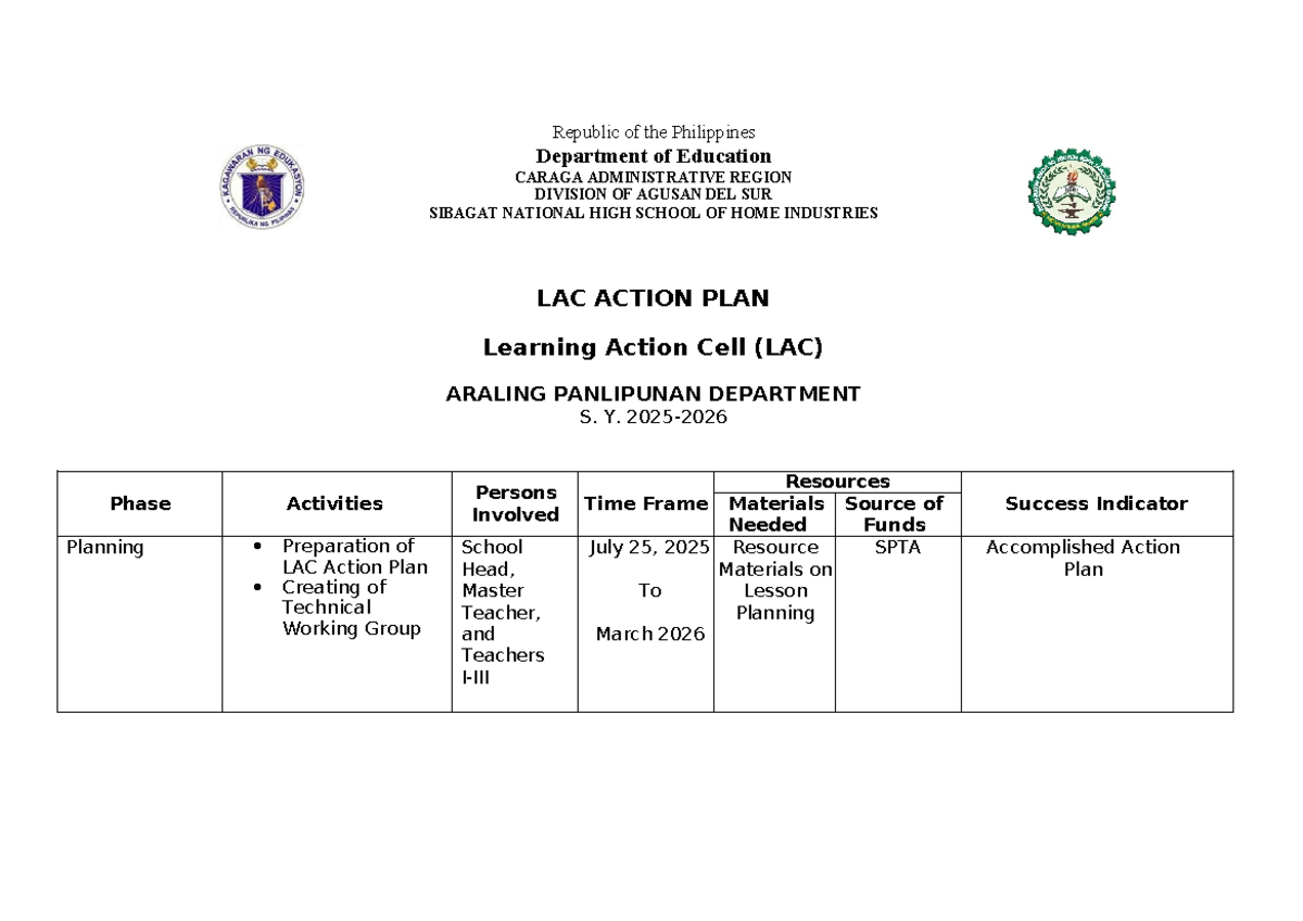 LAC Action Plan for Araling Panlipunan Teachers - SY 2025-2026 - Studocu