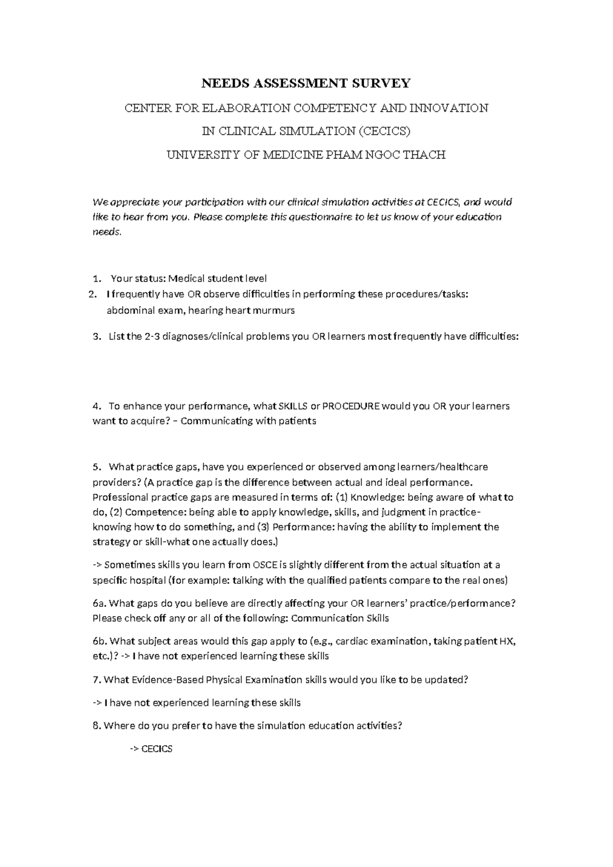 Needs Assessment Survey for CECICS Clinical Simulation Activities - Studocu
