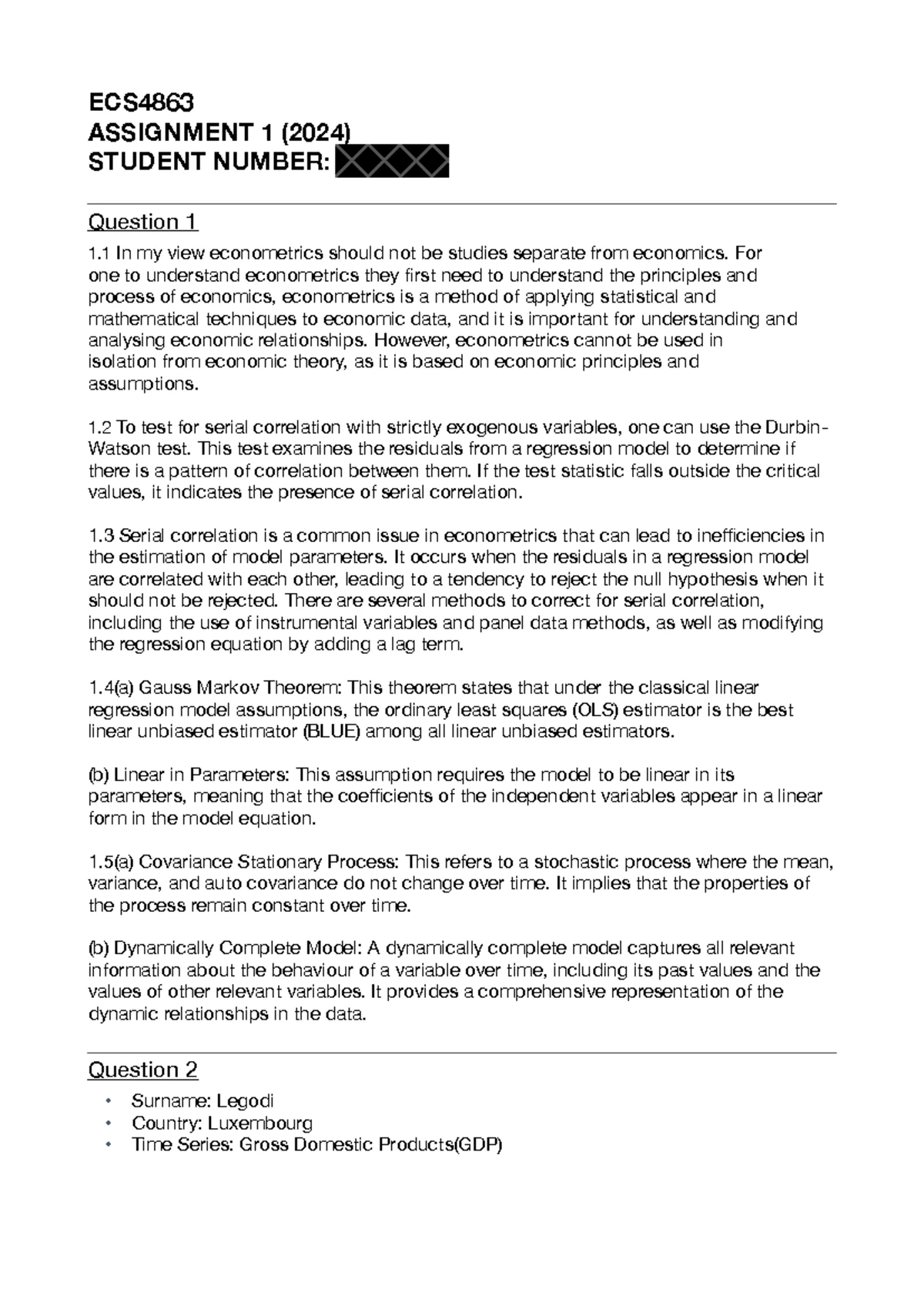 ECS4863 2024 Assignment 01: Time Series Analysis & Econometrics Tasks - Studocu