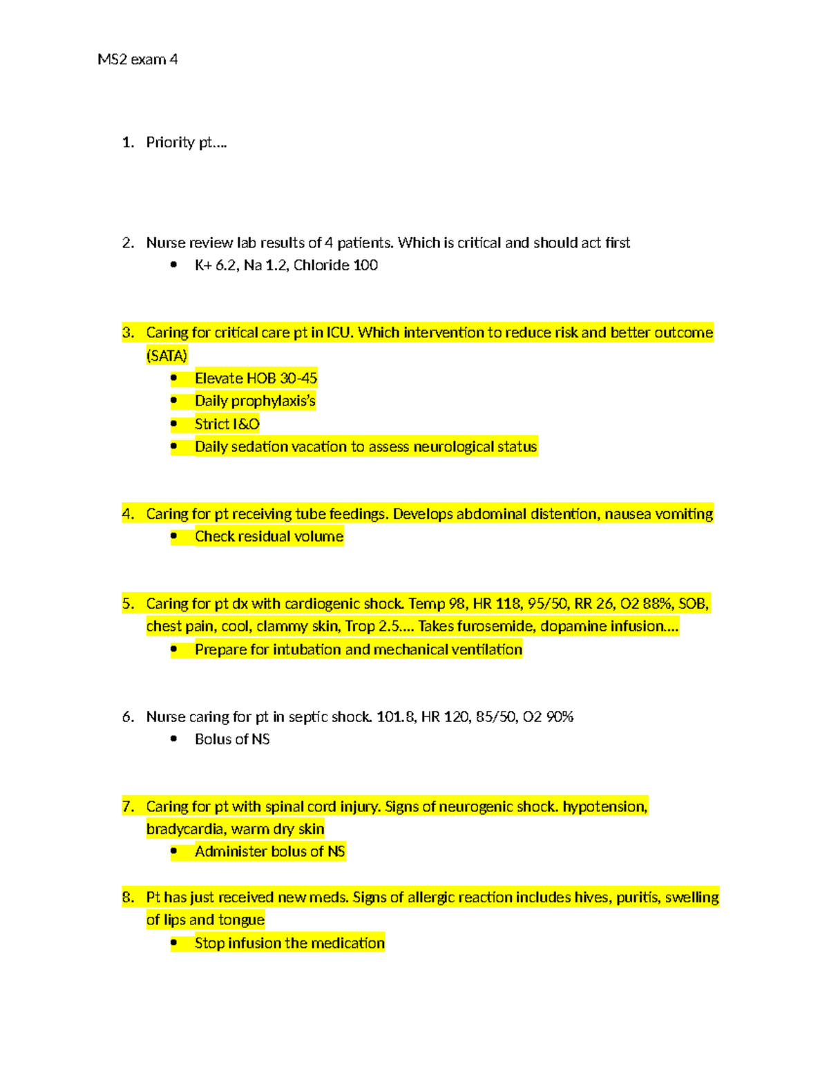 Med Surg 2 (MS2) Test 4 - Critical Care Patient Management Guide - Studocu
