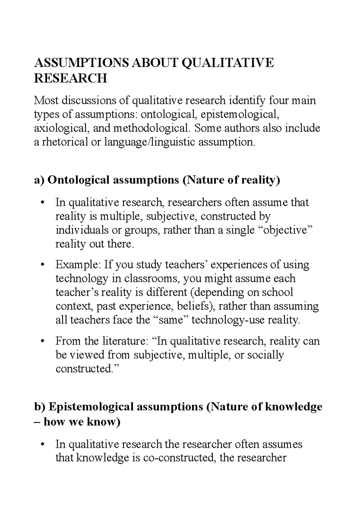 ASSUMPTIONS IN QUALITATIVE RESEARCH: A COMPREHENSIVE OVERVIEW - Studocu
